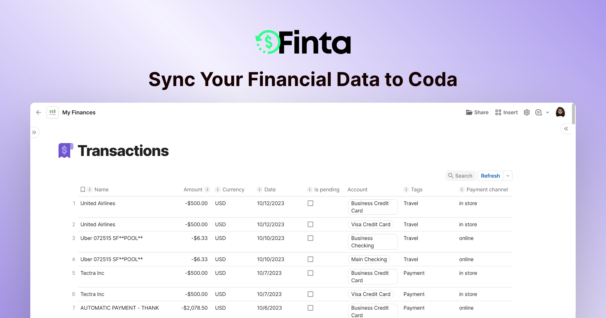 Coda Financial Pack - Sync Banking, Investments & Stripe Data | Finta | Finta