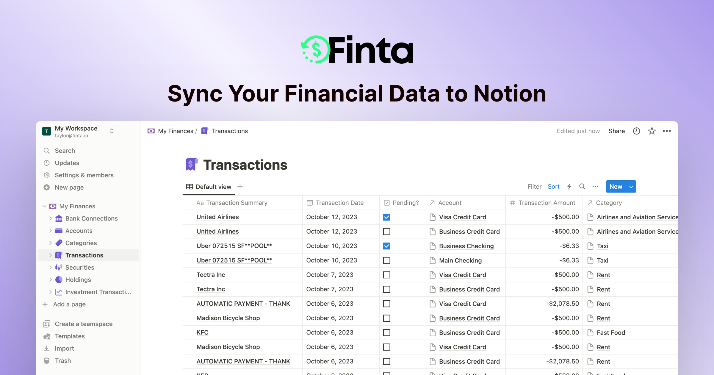 Notion Financial Integration - Sync Bank Accounts & Automate Financial Data | Finta | Finta